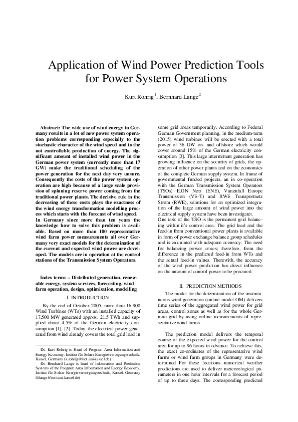 (PDF) Application of Wind Power Prediction Tools for Power System ...