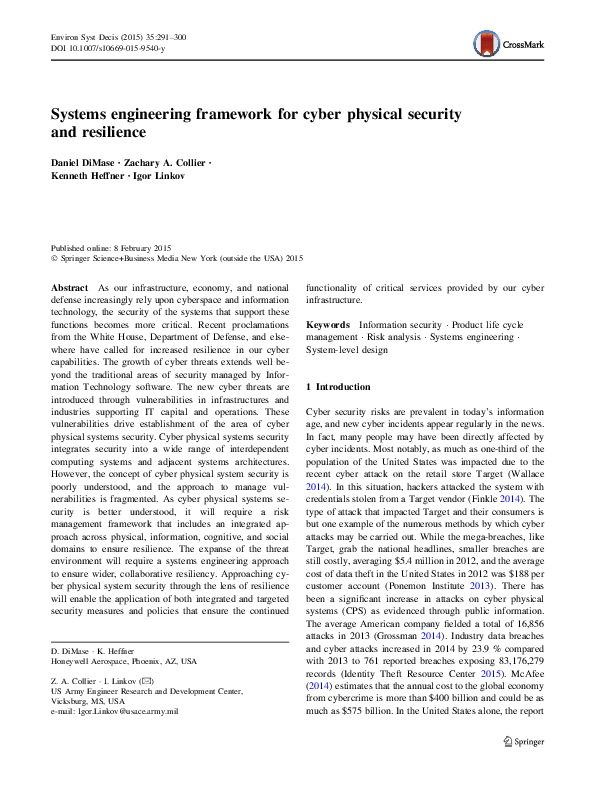 (PDF) Systems engineering framework for cyber physical security and ...