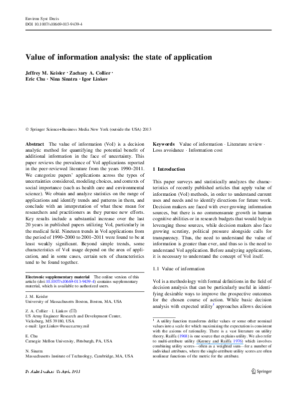 (PDF) Value of information analysis: the state of application