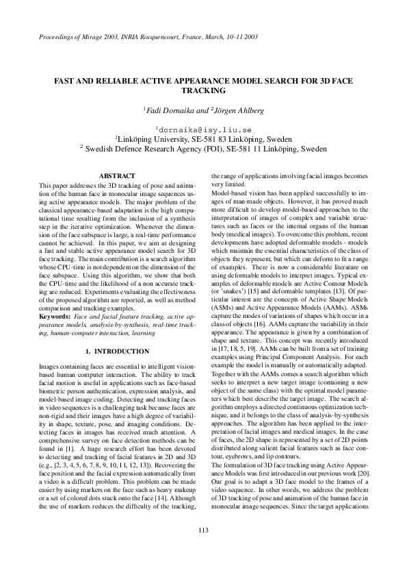 (PDF) Fast and Reliable Active Appearance Model Search for 3-D Face Tracking