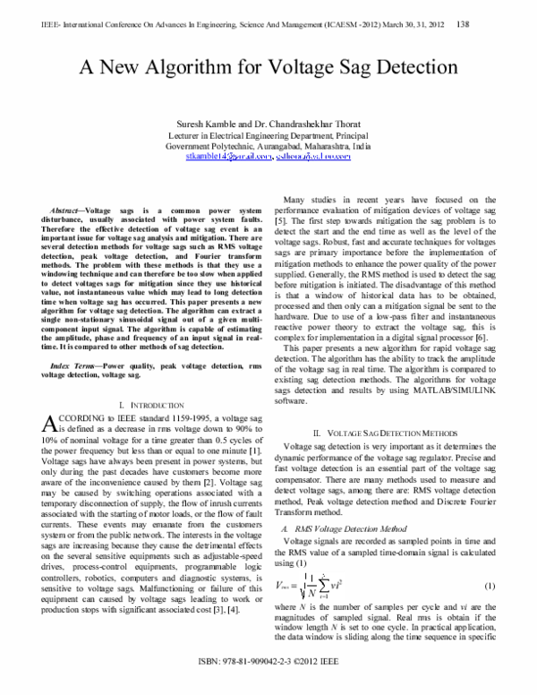 Pdf A New Algorithm For Voltage Sag Detection Leonardo Peña