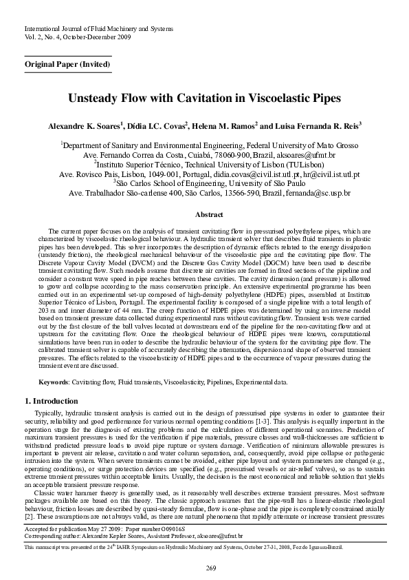 Pdf Unsteady Flow With Cavitation In Viscoelastic Pipes