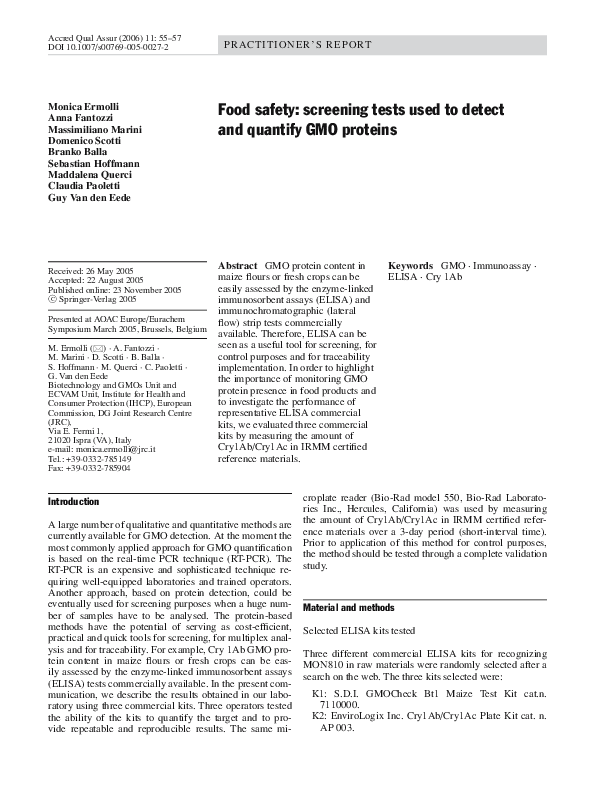 (PDF) Food safety: screening tests used to detect and quantify GMO proteins