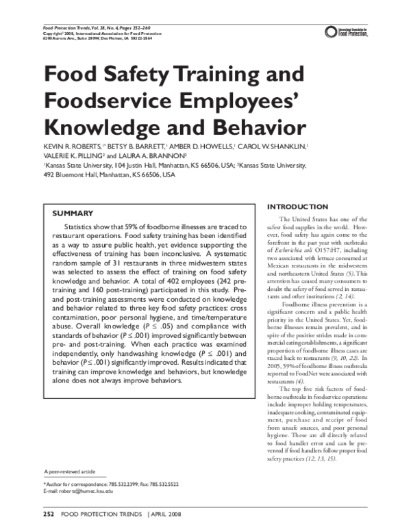 (PDF) Food Safety Training and Foodservice Employees' Knowledge and ...