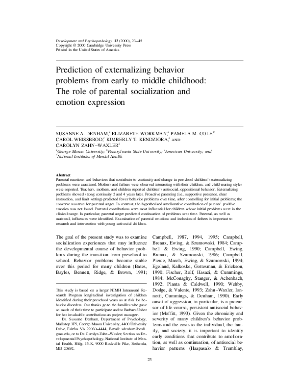 (PDF) Prediction of externalizing behavior problems from early to ...
