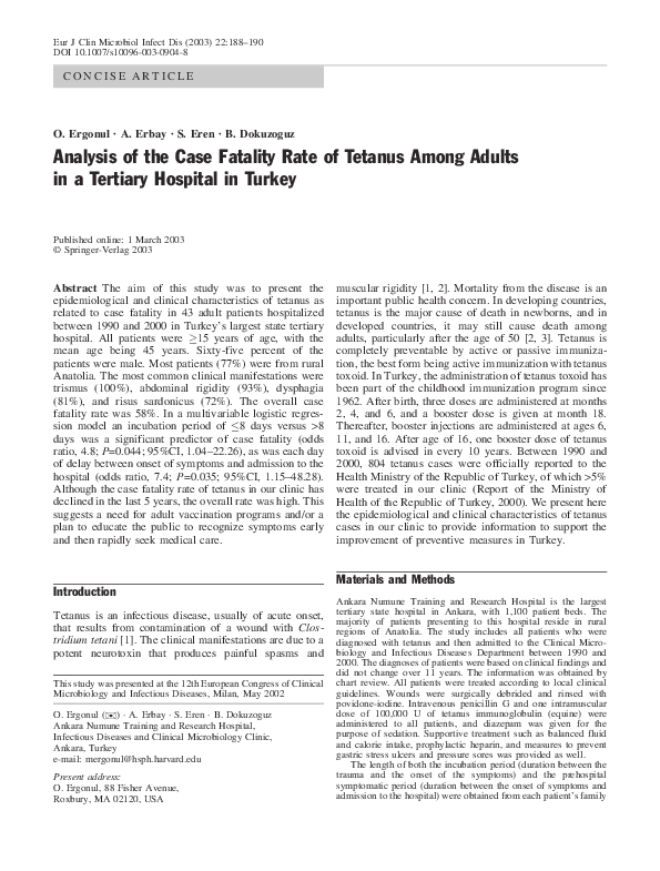 (PDF) Analysis of the case fatality rate of tetanus among adults in a ...