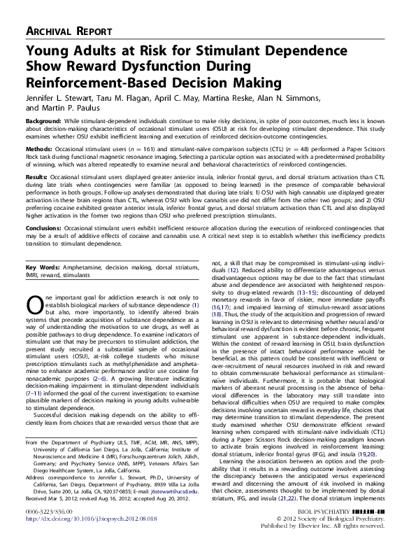 (PDF) Reward Dysfunction in Young Adults at Risk for Stimulant Dependence