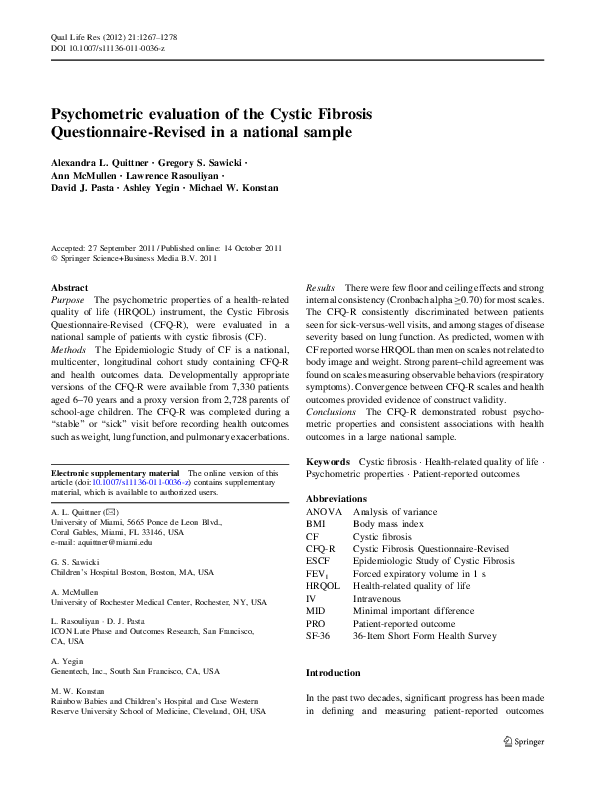 (PDF) Psychometric evaluation of the Cystic Fibrosis Questionnaire ...