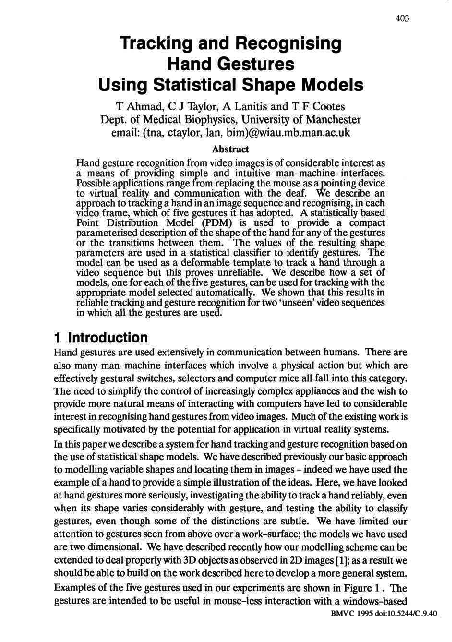 (PDF) Tracking and recognising hand gestures, using statistical shape ...