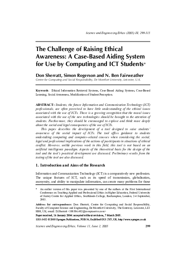 (PDF) The challenge of raising ethical awareness: A case-based aiding ...