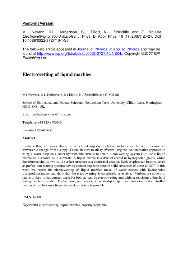 (PDF) Electrowetting of liquid marbles