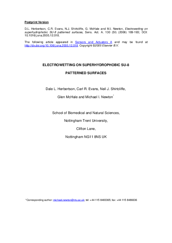 (PDF) Electrowetting on superhydrophobic SU-8 patterned surfaces
