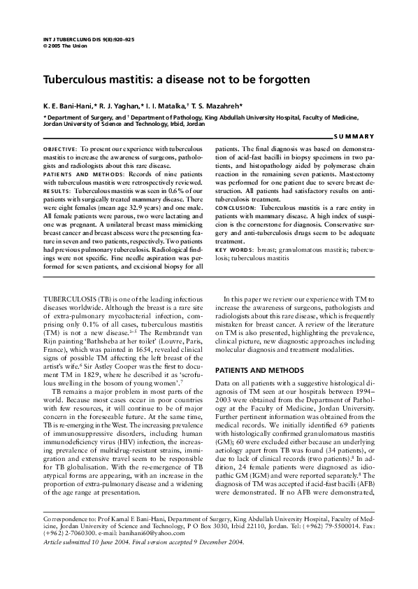 (PDF) Tuberculous mastitis: A disease not to be forgotten | Ismail ...