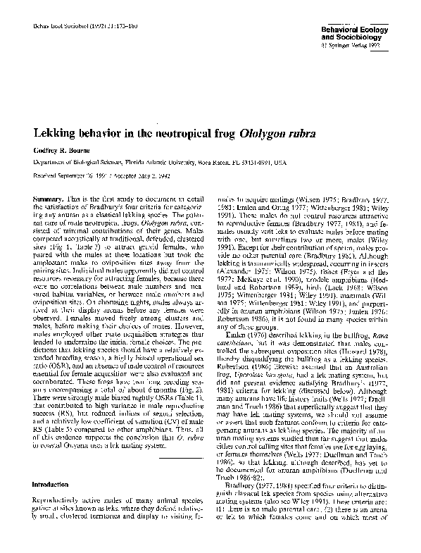 (PDF) Lekking behavior in the neotropical frog Ololygon rubra