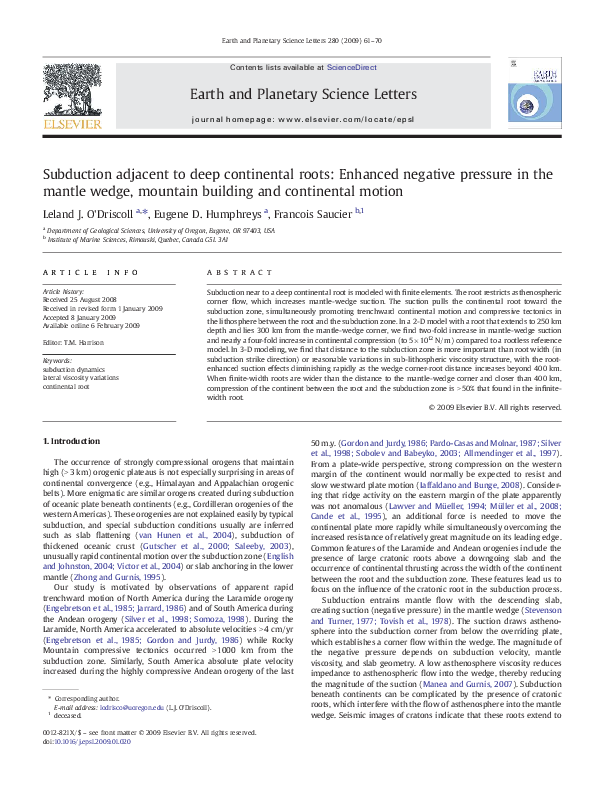 (PDF) Subduction adjacent to deep continental roots: Enhanced negative ...