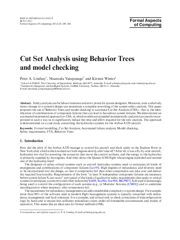(PDF) Cut Set Analysis using Behavior Trees and model checking