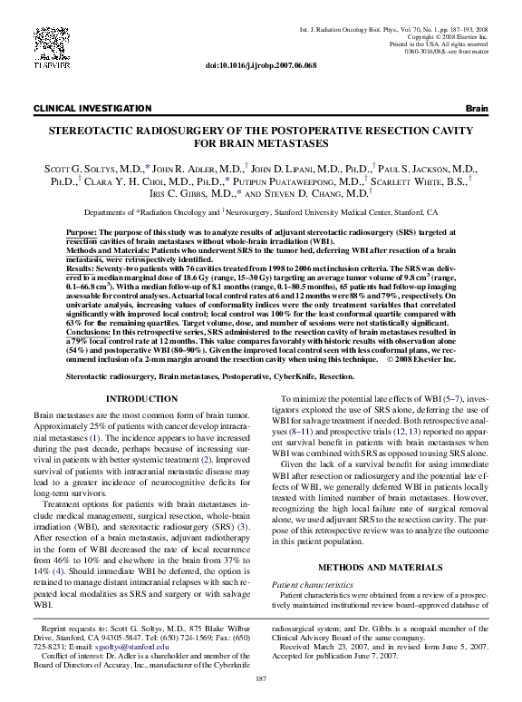 (PDF) Stereotactic Radiosurgery of the Postoperative Resection Cavity for Brain Metastases ...