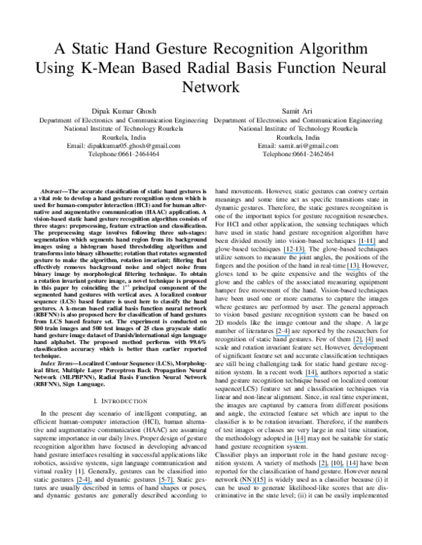 (PDF) A static hand gesture recognition algorithm using k-mean based radial basis function ...