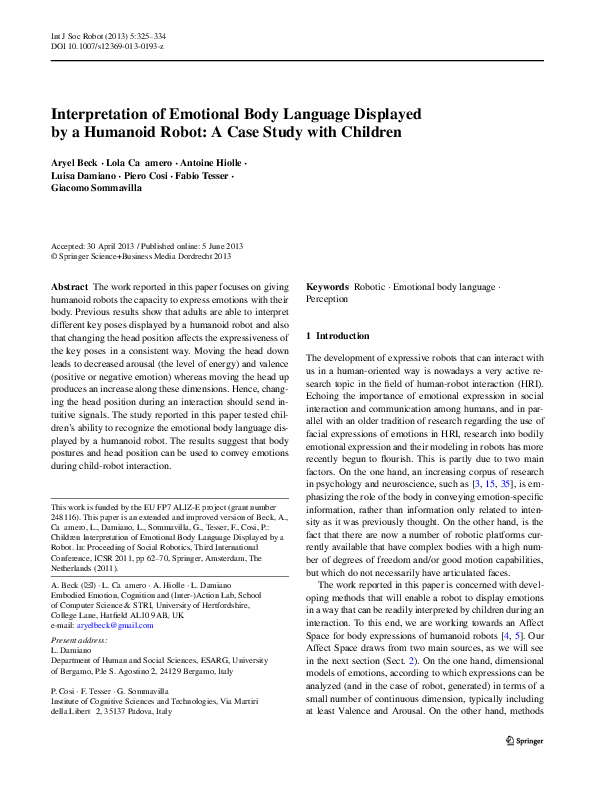 (PDF) Interpretation of emotional body language displayed by robots