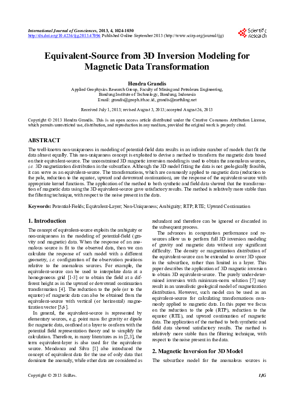 Equivalent-Source from 3D Inversion Modeling for Magnetic Data Transformation