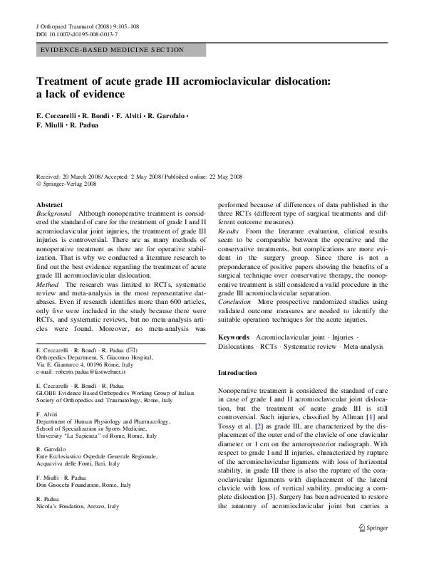 (PDF) Treatment of acute grade III acromioclavicular dislocation: a ...