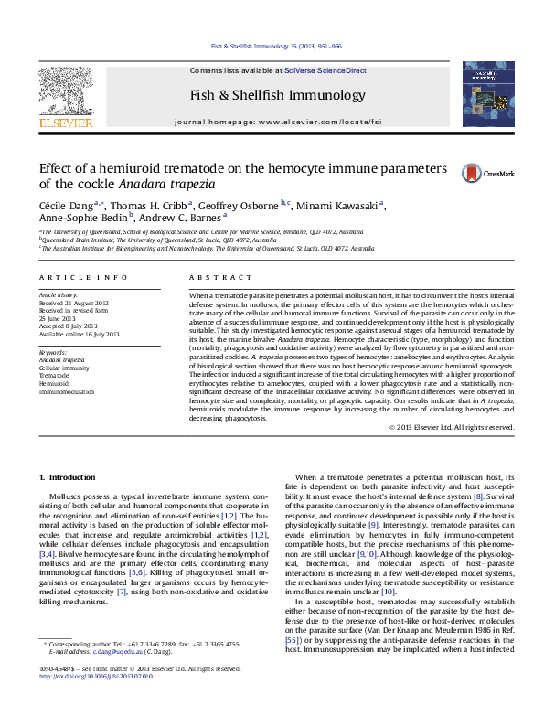 (PDF) Effect of a hemiuroid trematode on the hemocyte immune parameters ...
