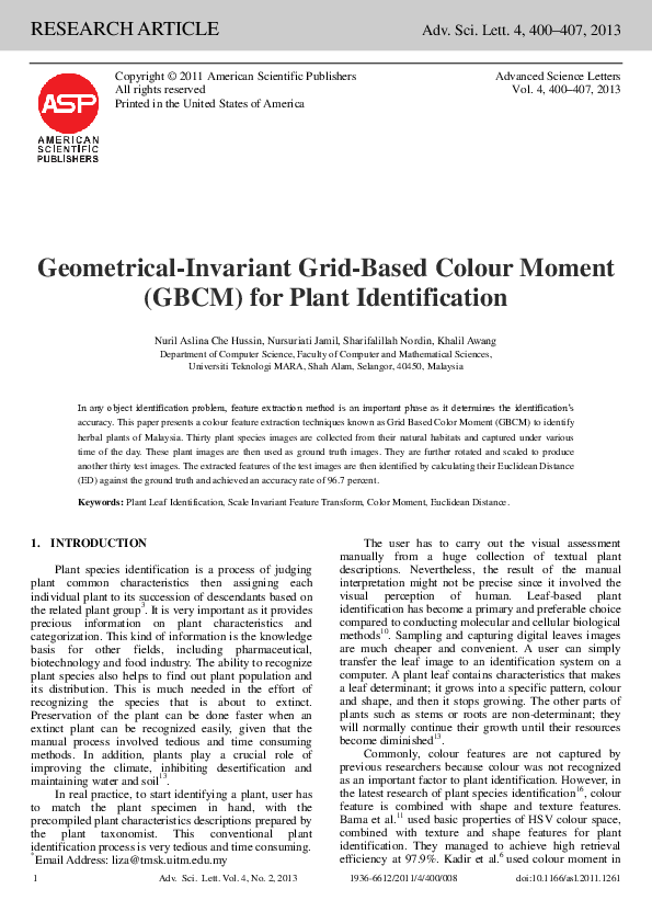 (PDF) Geometrical-Invariant Grid-Based Colour Moment (GBCM) for Plant Identification