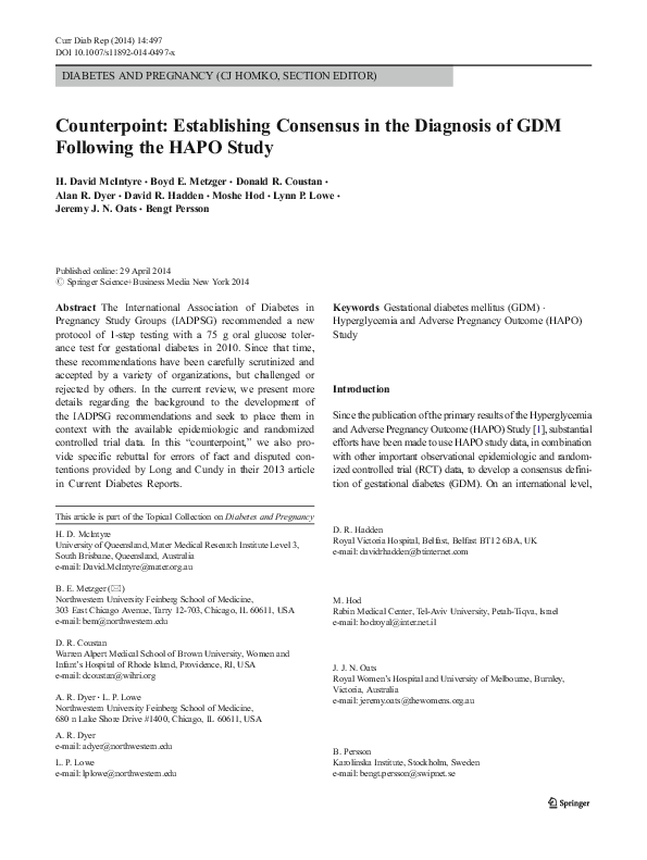 (PDF) Counterpoint: Establishing Consensus in the Diagnosis of GDM ...
