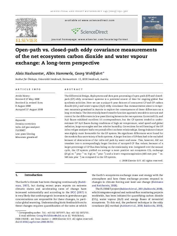 (PDF) Open-path vs. closed-path eddy covariance measurements of the net ecosystem carbon dioxide ...