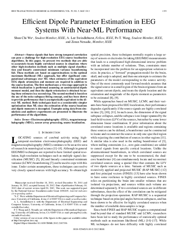 Pdf Efficient Dipole Parameter Estimation In Eeg Systems With Near Ml