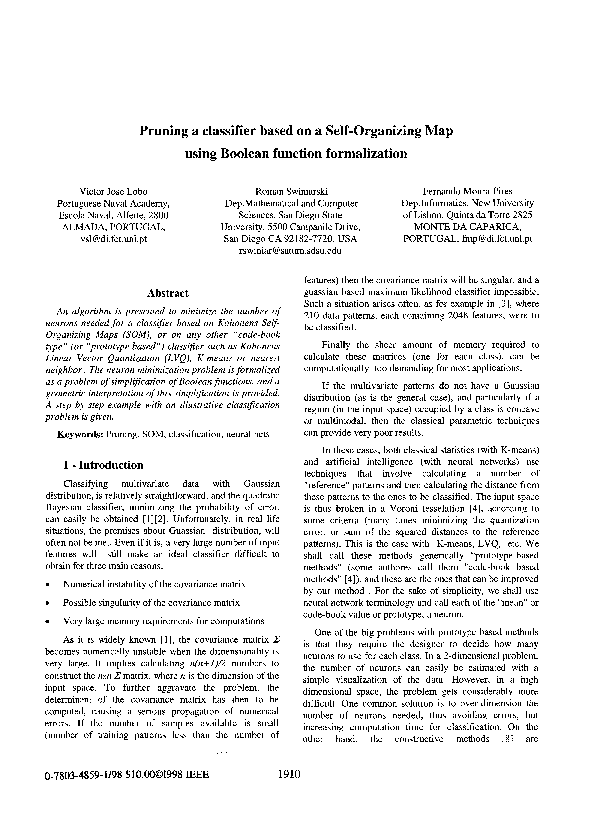 Pruning A Classifier Based On A Self Organizing Map Using Boolean Function Formalization