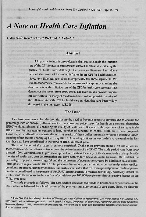 (PDF) A Note on Health Care Inflation Reichert, Usha Nair; Cebula ...