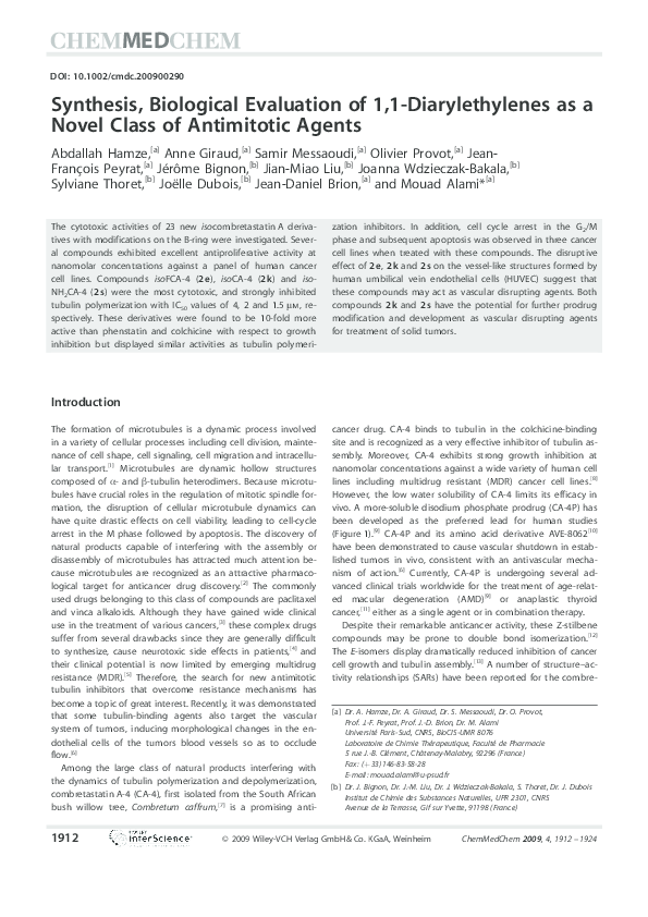 (PDF) Synthesis, Biological Evaluation of 1,1-Diarylethylenes as a ...