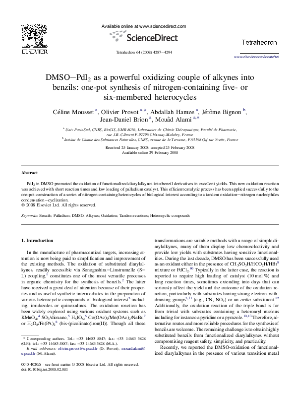 (PDF) DMSO–PdI2 as a powerful oxidizing couple of alkynes into benzils ...