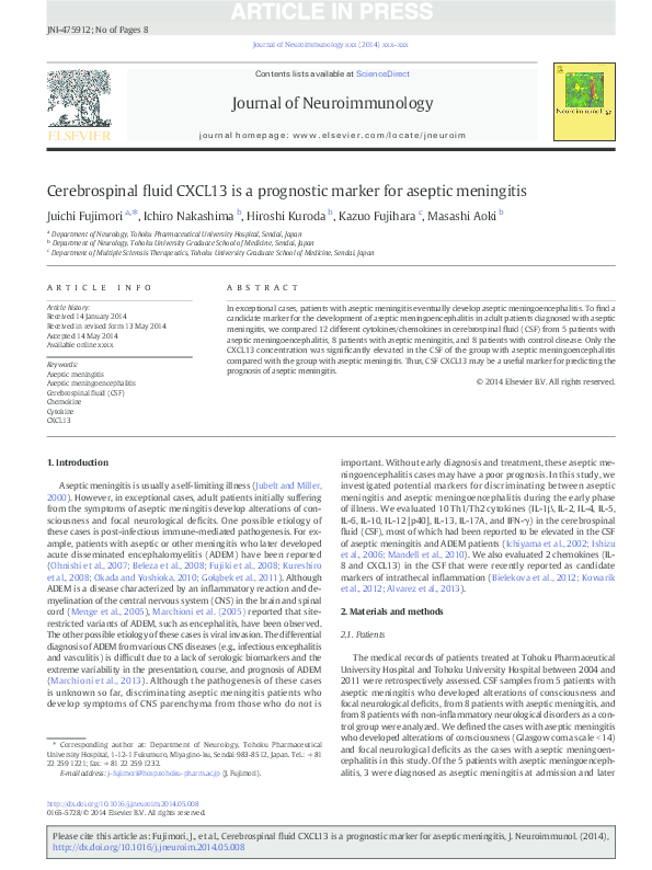 (PDF) Cerebrospinal fluid CXCL13 is a prognostic marker for aseptic ...