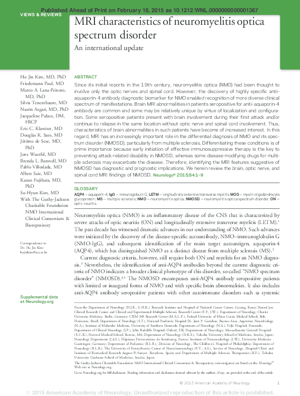(PDF) MRI characteristics of neuromyelitis optica spectrum disorder: An international update