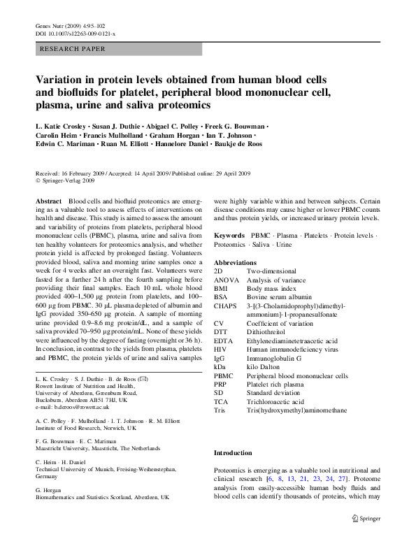 (PDF) Variation in protein levels obtained from human blood cells and biofluids for platelet ...