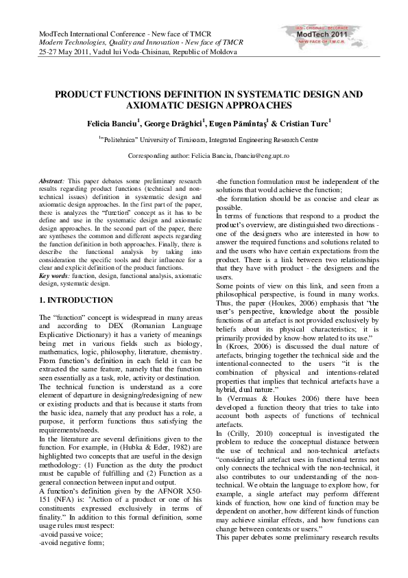 (PDF) PRODUCT FUNCTIONS DEFINITION IN SYSTEMATIC DESIGN AND AXIOMATIC ...