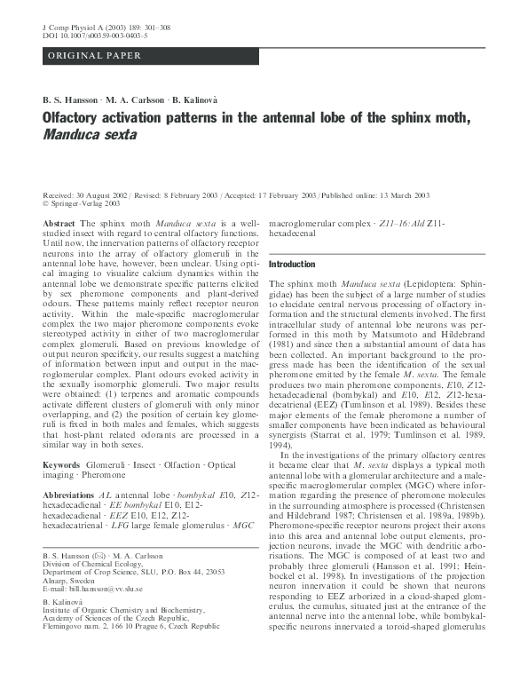 (PDF) Olfactory activation patterns in the antennal lobe of the sphinx moth, Manduca sexta