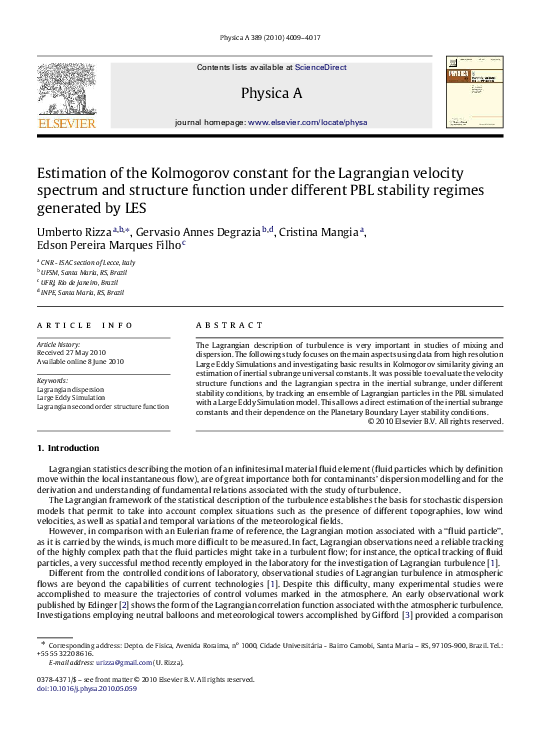 Pdf Estimation Of The Kolmogorov Constant For The Lagrangian Velocity Spectrum And Structure
