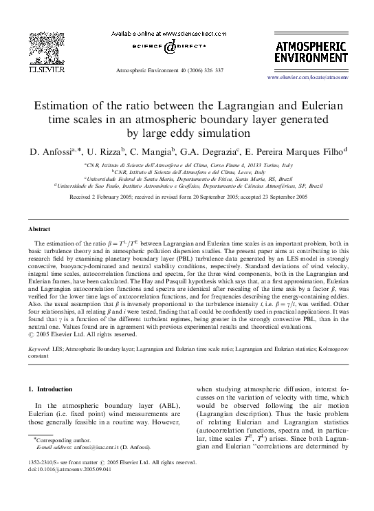 (PDF) Estimation of the ratio between the Lagrangian and Eulerian time scales in an atmospheric ...