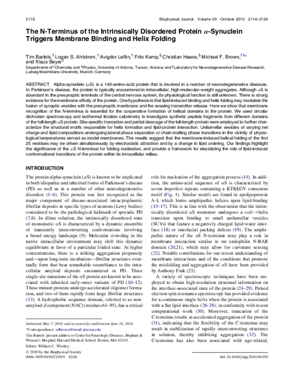 Pdf The N Terminus Of The Intrinsically Disordered Protein α Synuclein Triggers Membrane