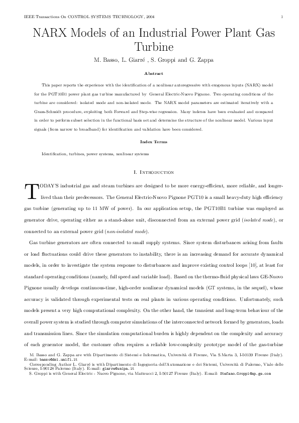 (PDF) NARX models of an industrial power plant gas turbine