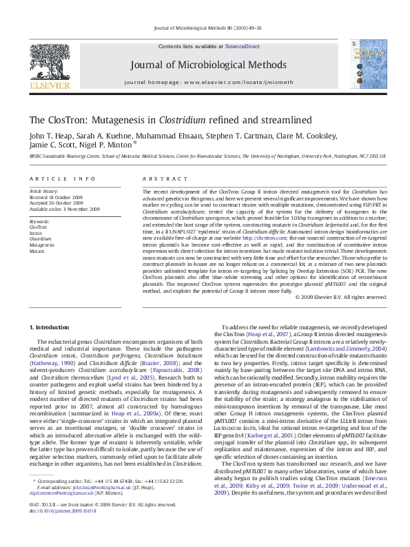 (PDF) The ClosTron: Mutagenesis in Clostridium refined and streamlined
