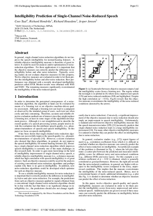 (PDF) Intelligibility Prediction of Single-Channel Noise-Reduced Speech