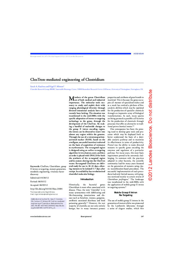(PDF) ClosTron-mediated engineering of Clostridium