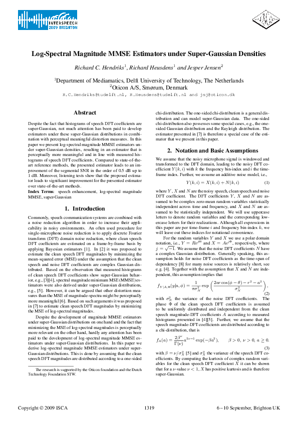 (PDF) Log-Spectral Magnitude MMSE Estimators under Super-Gaussian Densities