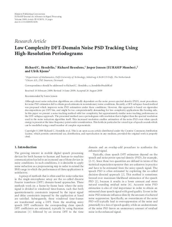 (PDF) Low Complexity DFT-Domain Noise PSD Tracking Using High ...