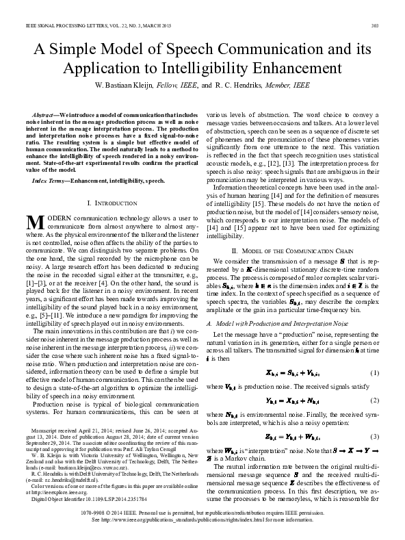 (PDF) A Simple Model of Speech Communication and its Application to ...