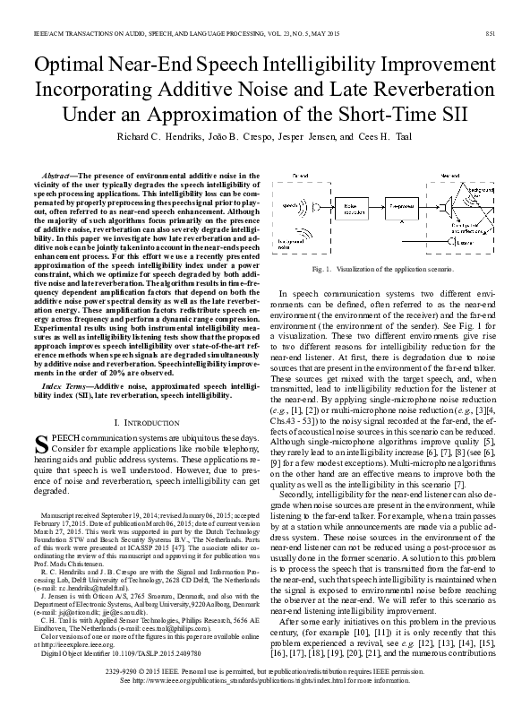 (PDF) Optimal Near-End Speech Intelligibility Improvement Incorporating Additive Noise and Late ...